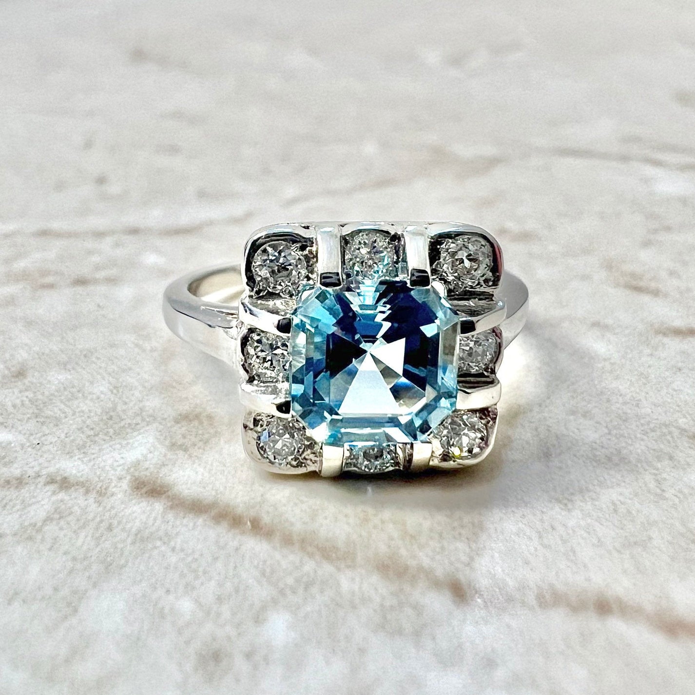 Art Deco Style Platinum Asscher Cut Aquamarine & Diamond Halo Ring ...