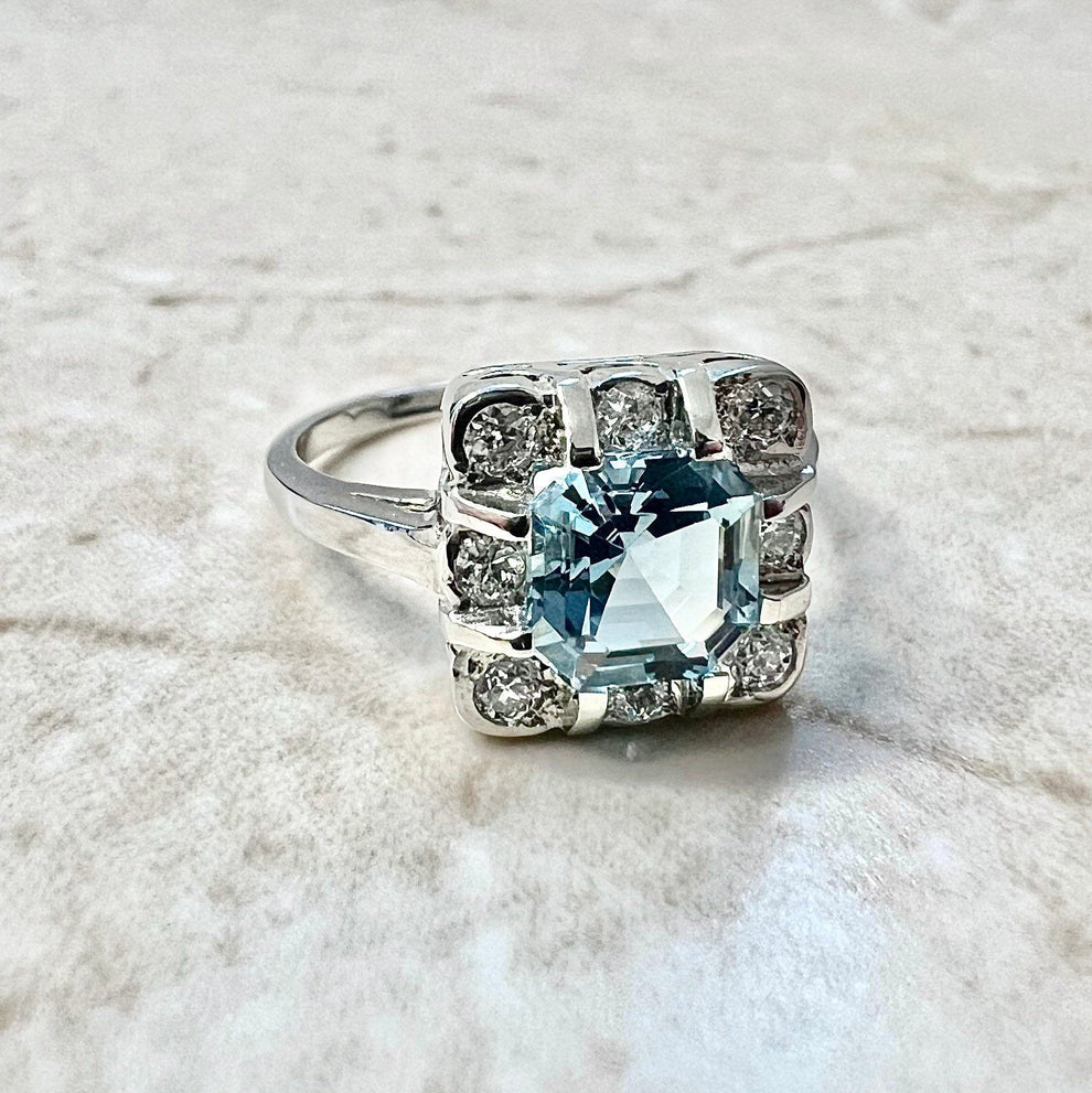 Art Deco Style Platinum Asscher Cut Aquamarine & Diamond Halo Ring ...