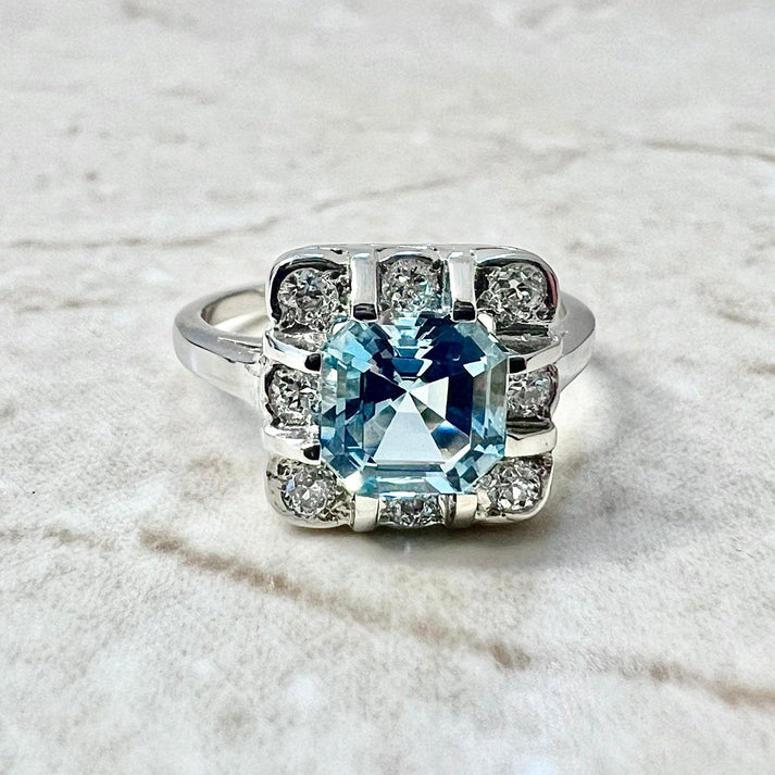 Art Deco Style Platinum Asscher Cut Aquamarine & Diamond Halo Ring ...