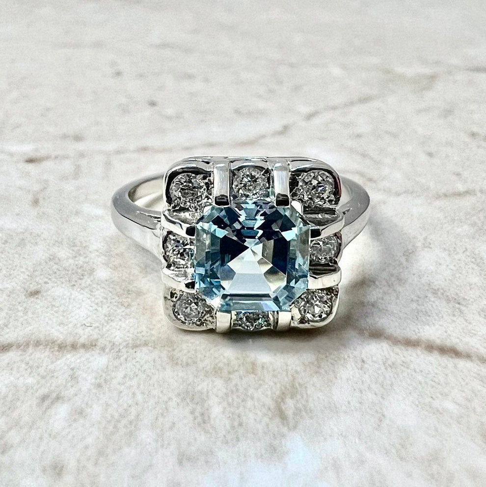 Art Deco Style Platinum Asscher Cut Aquamarine & Diamond Halo Ring ...