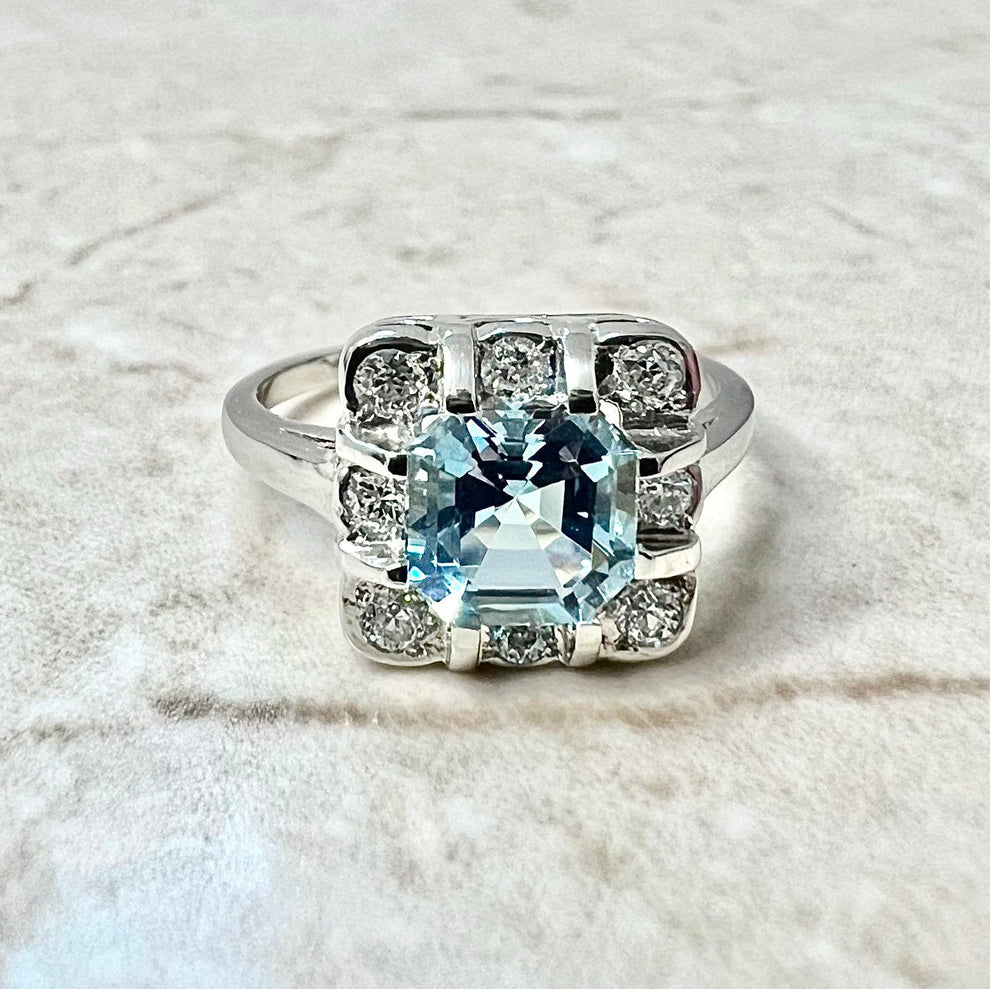 Art Deco Style Platinum Asscher Cut Aquamarine & Diamond Halo Ring ...