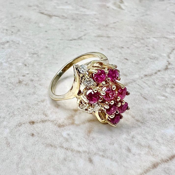 Vintage 14 Karat Yellow Gold Natural Ruby & Diamond Cocktail Ring ...