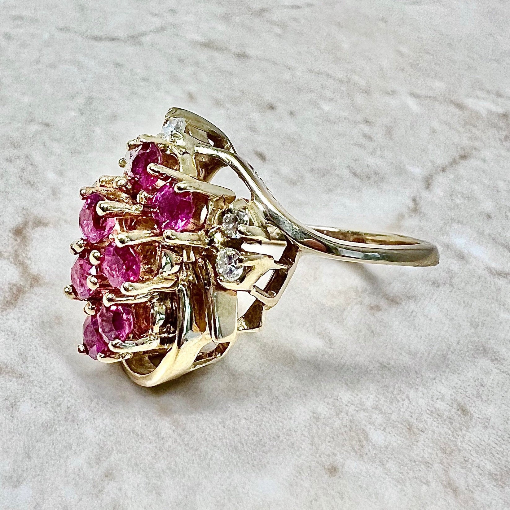 Vintage 14 Karat Yellow Gold Natural Ruby & Diamond Cocktail Ring ...