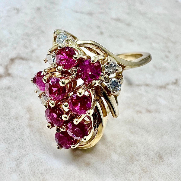 Vintage 14 Karat Yellow Gold Natural Ruby & Diamond Cocktail Ring ...