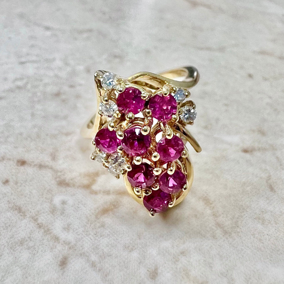 Vintage 14 Karat Yellow Gold Natural Ruby & Diamond Cocktail Ring ...