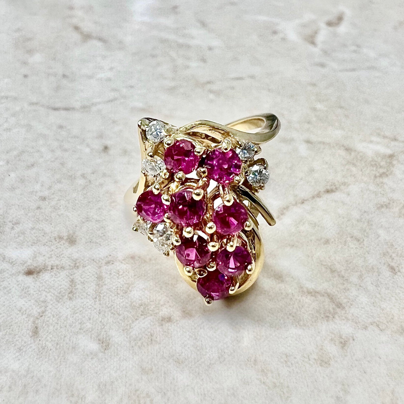 Vintage 14 Karat Yellow Gold Natural Ruby & Diamond Cocktail Ring ...
