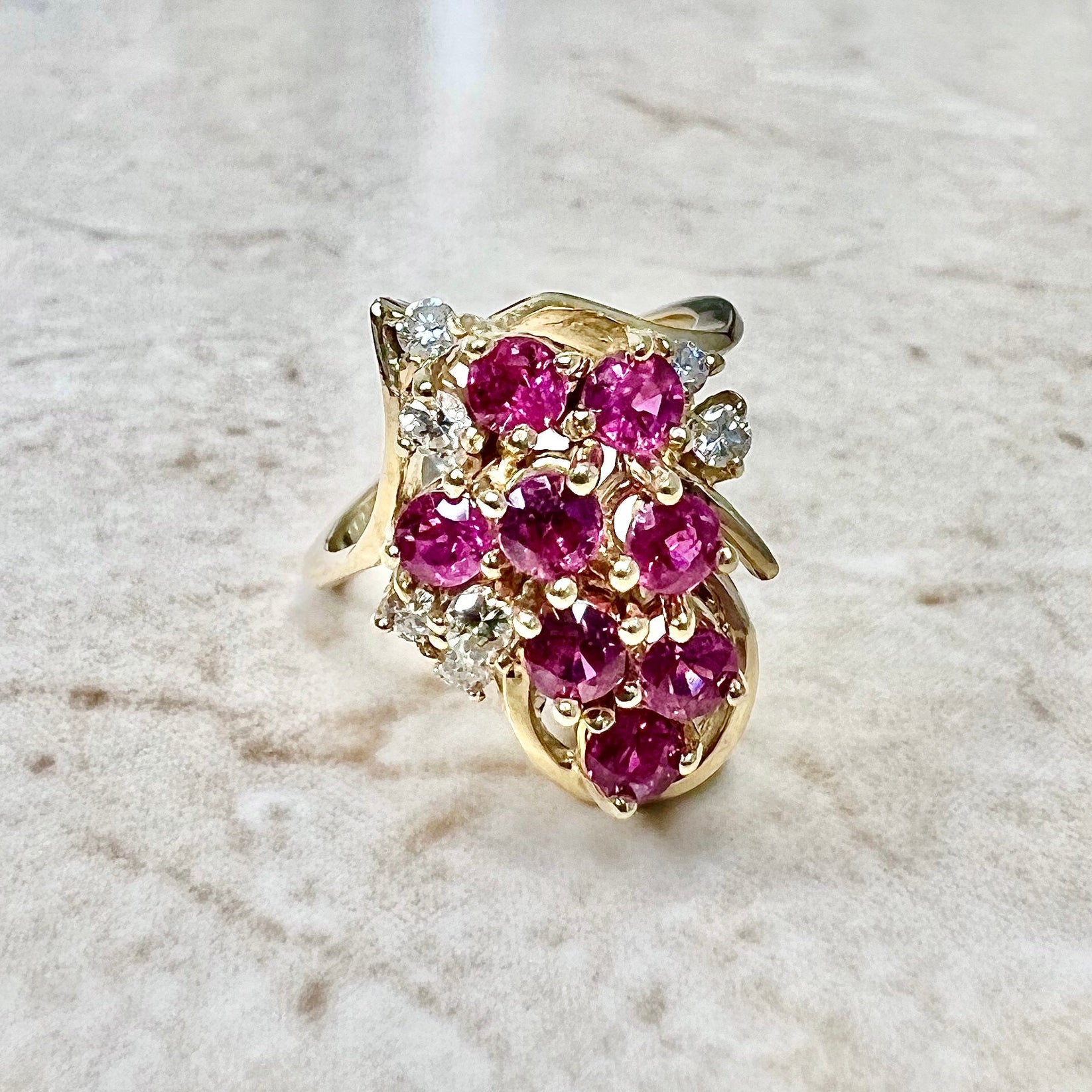 Vintage 14 Karat Yellow Gold Natural Ruby & Diamond Cocktail Ring ...